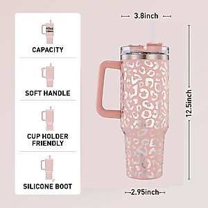 wonshia 40oz Cow print Tumbler With handle, Stainless Steel Tumbler With Lid and Straws, Double Vacuum Leak Proof Travel Coffee Mug Cup Water Bottle For Home, Office, Party (Water pink)