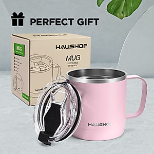 HAUSHOF 14 oz Coffee Mug, Insulated Coffee Mug with Handle, Travel Camping Cup, Portable Stainless Steel Coffee Cup, Insulated Coffee Cups with Lid, Pink
