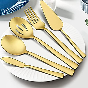 Gold Serving Utensil Set of 5, E-far Metal Matte Golden Catering Serving Utensils, Stainless Steel Square Edge Hostess Serving Set for Buffet Party Kitchen Restaurant, Non-toxic & Dishwasher Safe
