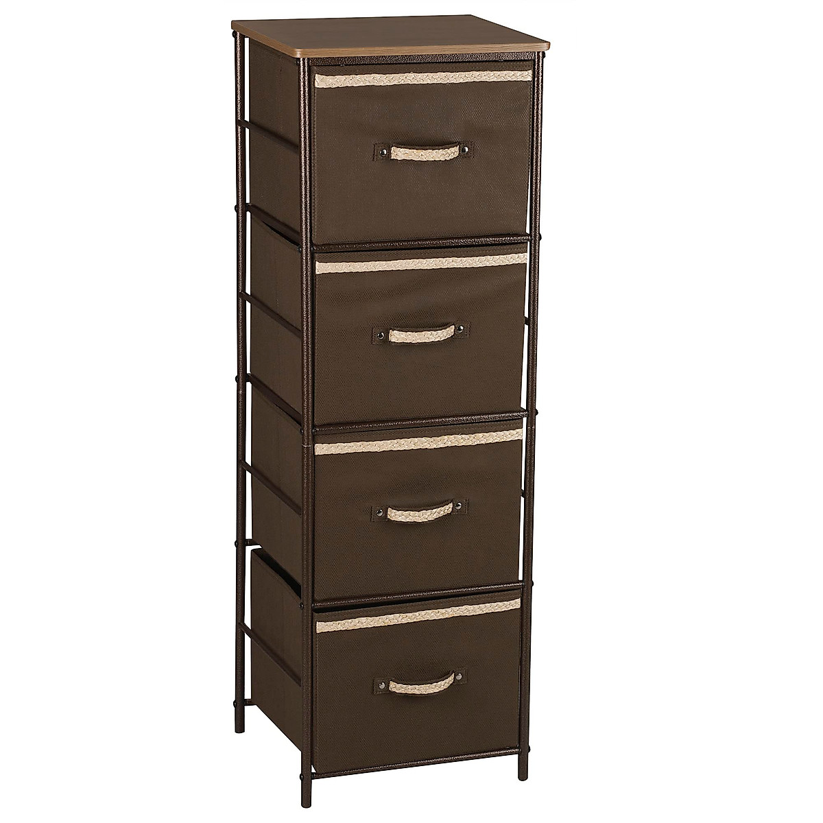 Household Essentials 2-Tier Storage Chest of Drawers Bronze Frame Wood Grain Top and 4 Brown Storage Bins with Natural Jute Trim