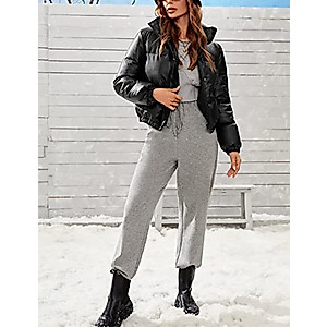 Tanming Womens Faux Leather Puffer Jacket Winter Long Sleeve Black Short Bubble Coat (Black-S)