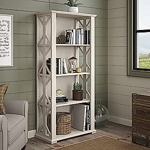 Bush Furniture Homestead 4 Shelf Farmhouse Bookcase in Linen White Oak