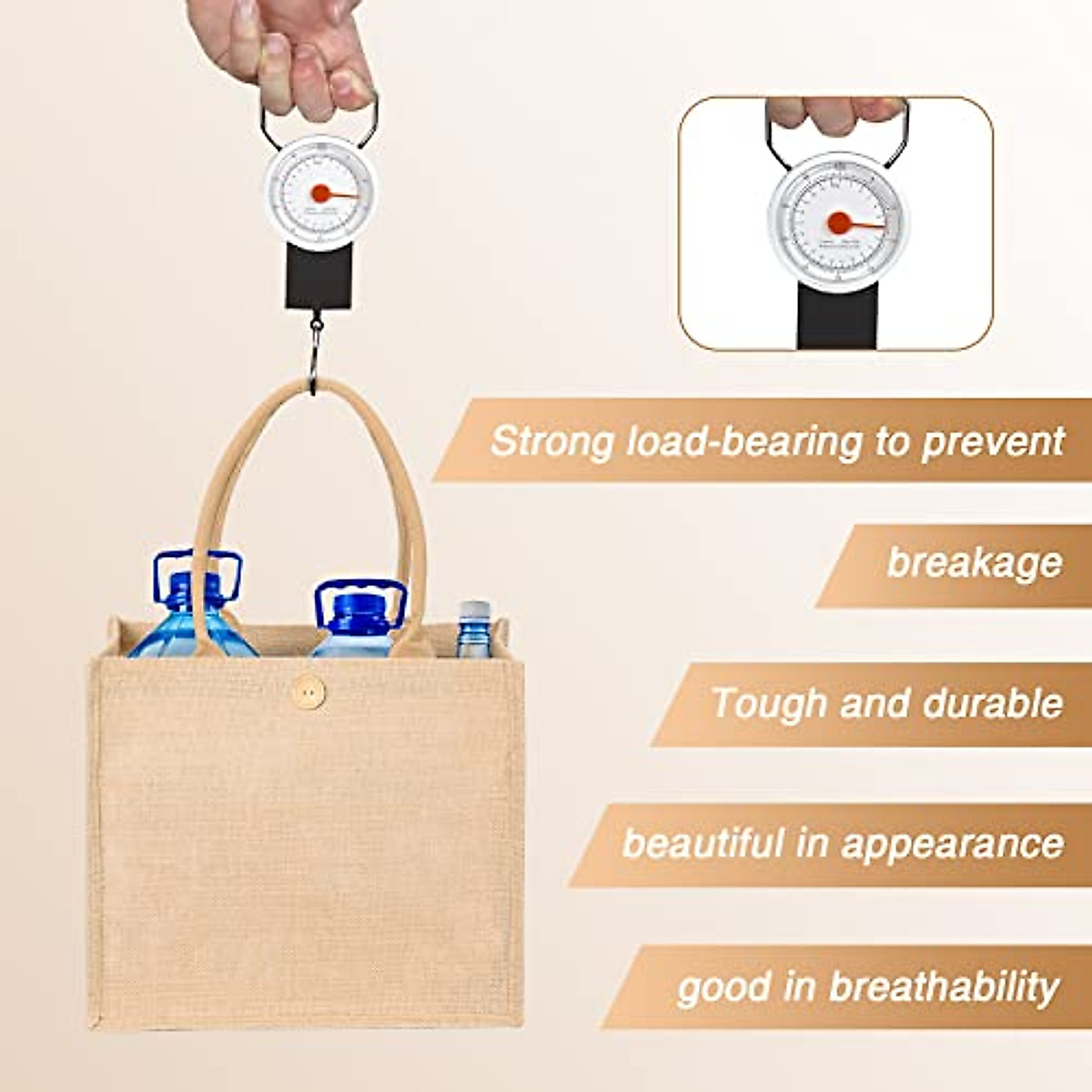 Jazpyne Burlap Tote Bags 4 Pack Jute Tote Bags with Handles and Button (13.7'' x 12.1'' x 7.6'') Reusable Shopping Bags Blank Gift Bags for Party Beach Trip Bridesmaid Wedding DIY