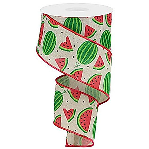 Watermelon Slices Canvas Wired Edge Ribbon, 10 Yards (Light Natural, 2.5")