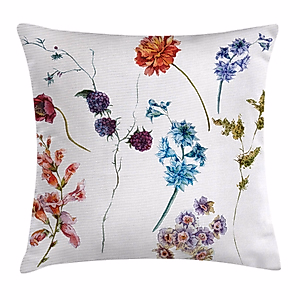 Ambesonne Flower Throw Pillow Cushion Cover, Watercolor Style Wildflowers Leaves Daisies Lavenders with Spring Branches Garden, Decorative Square Accent Pillow Case, 16" X 16", Orange Magenta