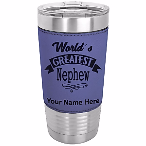 LaserGram 20oz Vacuum Insulated Tumbler Mug, World's Greatest Nephew, Personalized Engraving Included (Faux Leather, Dark Purple)