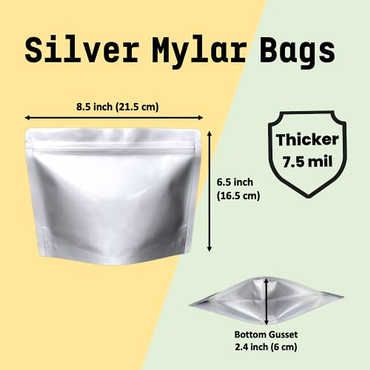 50 Pack 7.5 Mil Stand Up Bags - Resealable Smell Proof Bag withstand Hot Water for Meal Ready to Eat, Camping, Hiking - Foil Sealable Zipper Pouch for Food Storage (8.5x6.5 Inches, Glossy Silver)