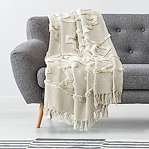 Americanflat 100% Cotton Throw Blanket for Couch - 50x60 - All Seasons Neutral Medium-weight Cozy Soft Blankets & Throws for Bed, Sofa or Chair.door or Outdoor Use [Beige Tufted Cotton]