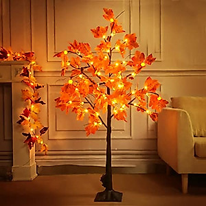 TURNMEON 4 Feet Prelit Maple Tree Fall Decorations Fall Tree Decor with Timer Pumpkin Lights 60 LED Warm Lights Acorn Brown Battery Box Thick Fall Tree Autumn Thanksgiving Indoor Outdoor Party
