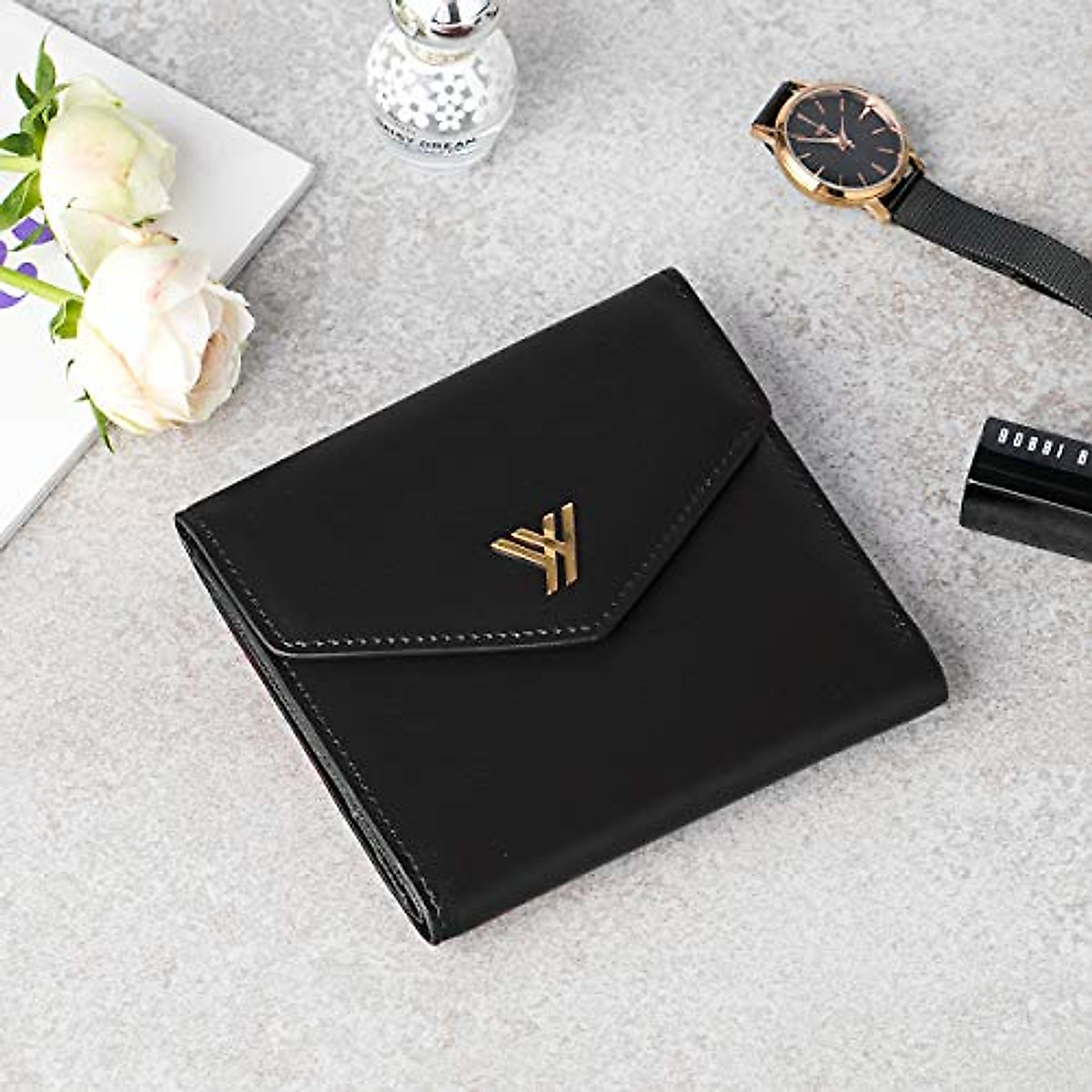 YBONNE Women's Small Compact Bifold Pocket Wallet, Made of Finest Genuine Leather (Black)