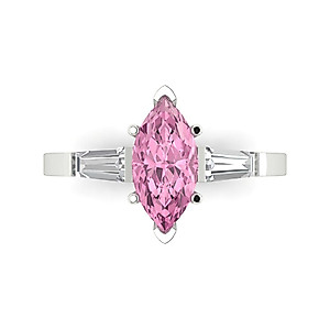 Clara Pucci 1.97ct Marquise Baguette cut 3 stone Solitaire Pink Simulated Diamond designer Modern Statement Ring Solid 14k White Gold