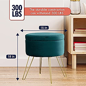 Ornavo Home Modern Round Velvet Storage Ottoman Foot Rest Vanity Stool/Seat with Gold Metal Legs & Tray Top Coffee Table - Teal
