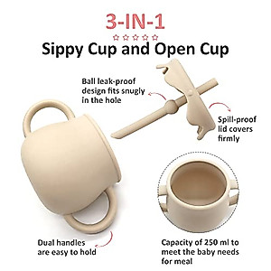 Santi & Me Baby Feeding Set Divided Plate with Suction, Adjustable Silicone Bib, Toddler Training Sippy Cup with Straw, Baby Led Weaning Spoon, Rainbow Plate Dishes and Utensils Set(Beige)