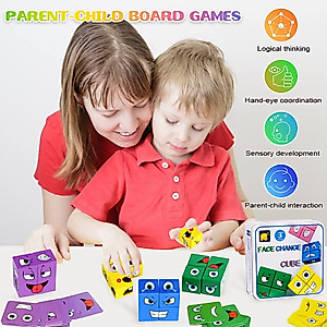 Wooden Expressions Matching Block Puzzles Building Game,Face-Changing Magic Cube,Logical Educational Training Toys,Educational Montessori Toys for Ages 3 Years and Up Kids