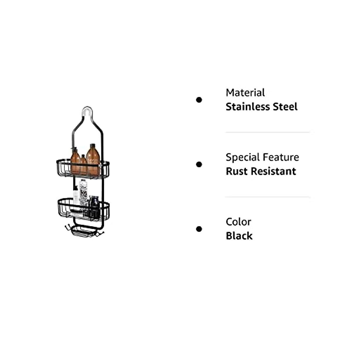 Innovatronic Bathroom Hanging Shower Organizer, Over Head Shower Caddy Basket with Hooks for Razor and Sponge, Rustproof, Anti-Swing (Black)