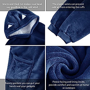 FBSPORT Wearable Blanket Hoodie, Oversized Blanket Sweatshirt for Women Men Adults Teens, Super Soft Warm Flannel & Sherpa Sweatshirt Blanket with Pocket, Blue