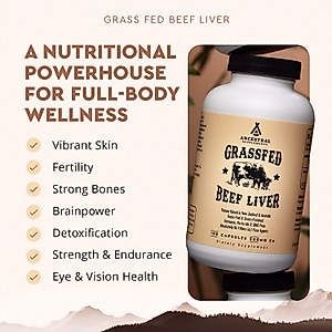 Ancestral Supplements Grass Fed Beef Liver 180 Capsules, Supports Energy Production, Detoxification, Digestion, Immunity and Full Body Wellness, Non-GMO, Freeze Dried Liver Health Supplement