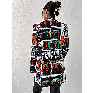 WDIRARA Women's Graphic Print Button Front Long Sleeve Causal Work Blazer Jacket Coat Multicolor White M