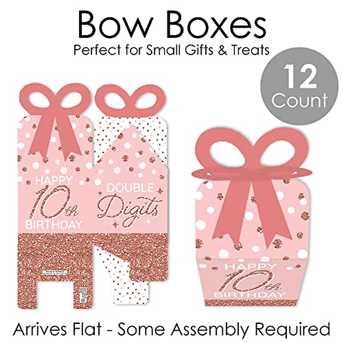 Big Dot of Happiness 10th Pink Rose Gold Birthday - Square Favor Gift Boxes - Happy Birthday Party Bow Boxes - Set of 12