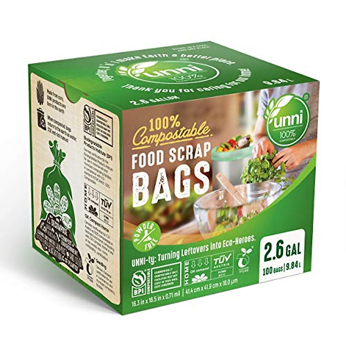 UNNI 100% Compostable Bags, 2.6 Gallon, 9.84 Liter, 100 Count, Extra Thick 0.71 Mil, Samll Kitchen Food Scrap Waste Bags, ASTM D6400, US BPI and Europe OK Compost Home Certified, San Francisco