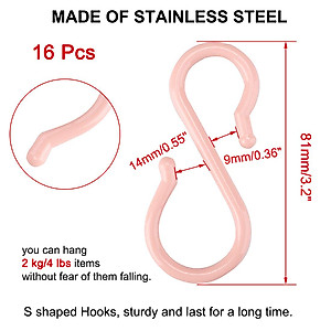 uxcell 16 Pack S Shaped Hooks Plastic Hanger for Kitchen Bathroom Closet Holder Pots and Pans Cups Utensils Coats Towels Hanging Pink