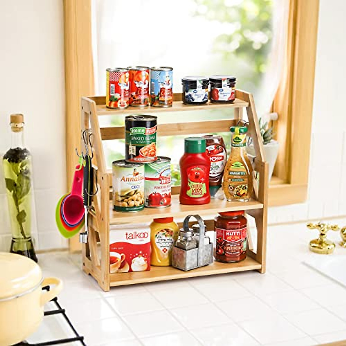 Bekith 3 Tier Bamboo Spice Rack Storage Shelves, Kitchen Countertop Organizer with Hooks, Standing Pantry Shelf, Adjustable Vanity Shelf Desk Bookshelf for Bedroom, Bathroom & Office