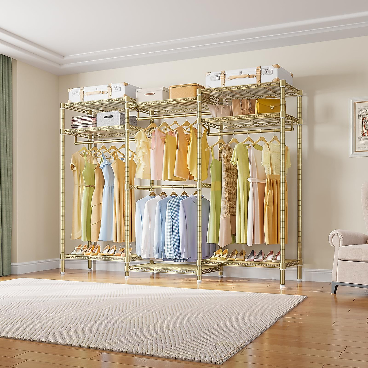 VIPEK V5i Garment Rack Heavy Duty Clothes Rack, Portable Closet Wardrobe Bedroom Armoires Freestanding Clothing Rack with 8 Adjustable Shelves & 4 Hang Rods, 68.9" L x 15.7" W x 76.4" H, Gold