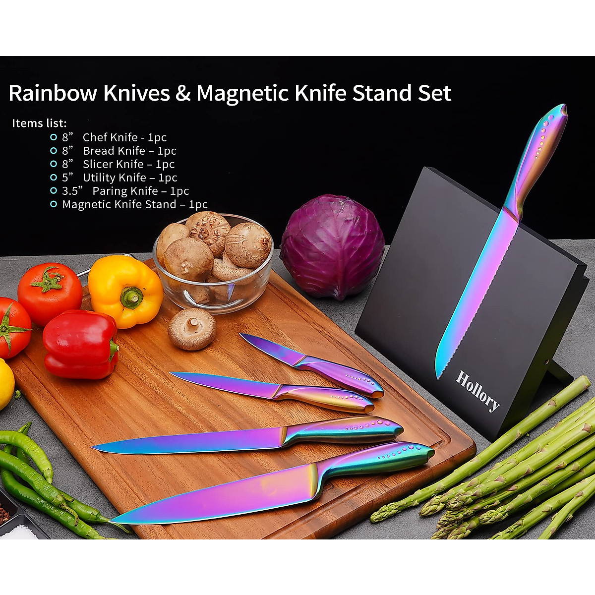Rainbow Knives Block Set 6 Pieces, Iridescent German High Carbon Stainless Steel Kitchen Knives Pack with Magnetic Knife Display Rack