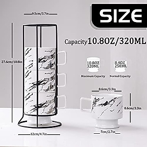 ANTIS'S HOME Stackable Coffee Mugs Set of 4 with Stand, Marble Silver Pattern 10 OZ Ceramic Coffee Mug Set with Rack, Espresso Cups Set Coffee Cup Set for Coffee, Tea, Cocoa, Milk