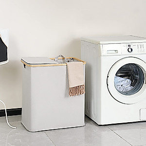 efluky Double Laundry Hamper with Lid, Divided Laundry Hamper with Removable Bags, 2 Section Dirty Clothes Basket with Handles for Bathroom, Bedroom & Laundry Room, 140L Light Grey