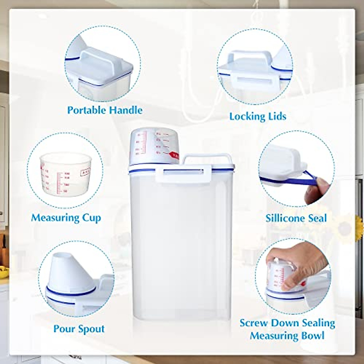 8 Pcs Cereal Rice Storage Container Set 5.5 Lbs Clear Airtight Dry Food Container Plastic Cereal Dispenser with Measuring Cup for Kitchen Flour Grain Pasta Pantry Organization Oatmeal, Red and Blue