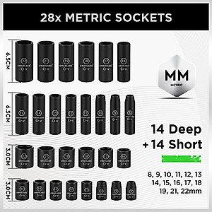 SWANLAKE 3/8" Drive Impact Socket Set, 50-Piece Standard SAE (5/16 to 3/4 inch) and Metric (8-22mm) Size, 6 Point, Cr-V, 3/8-Inch Ratchet Handle, Extension Bar, Universal Joint