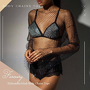 Formery Sexy Rhinestone Mesh Body Chains Top Long Sleeve Crystal Fishnet Cover Up Crop Top See Through Hollow Out Bikini Rave Top Swimsuit Coverups for Women and Girls(Black)
