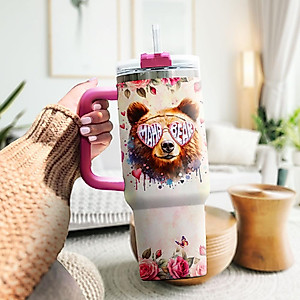 Mama Bear Rose Floral Color, Tumbler 40 Oz With Handle Lid And Straw, Cup Be Mommy Camelia For Nutrition Flower Funny Mother Day Quartz Handle Eleven Red, Mama Bear Gifts