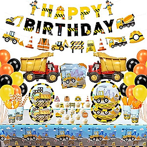 Construction Truck Party Supplies Tableware Set - Dump Truck Banner, Tablecover, Plate, Cups, Napkins, Balloons, Cake Toppers, Foil Balloon, for Party Decorations Kids Birthday Serves 20 Guests