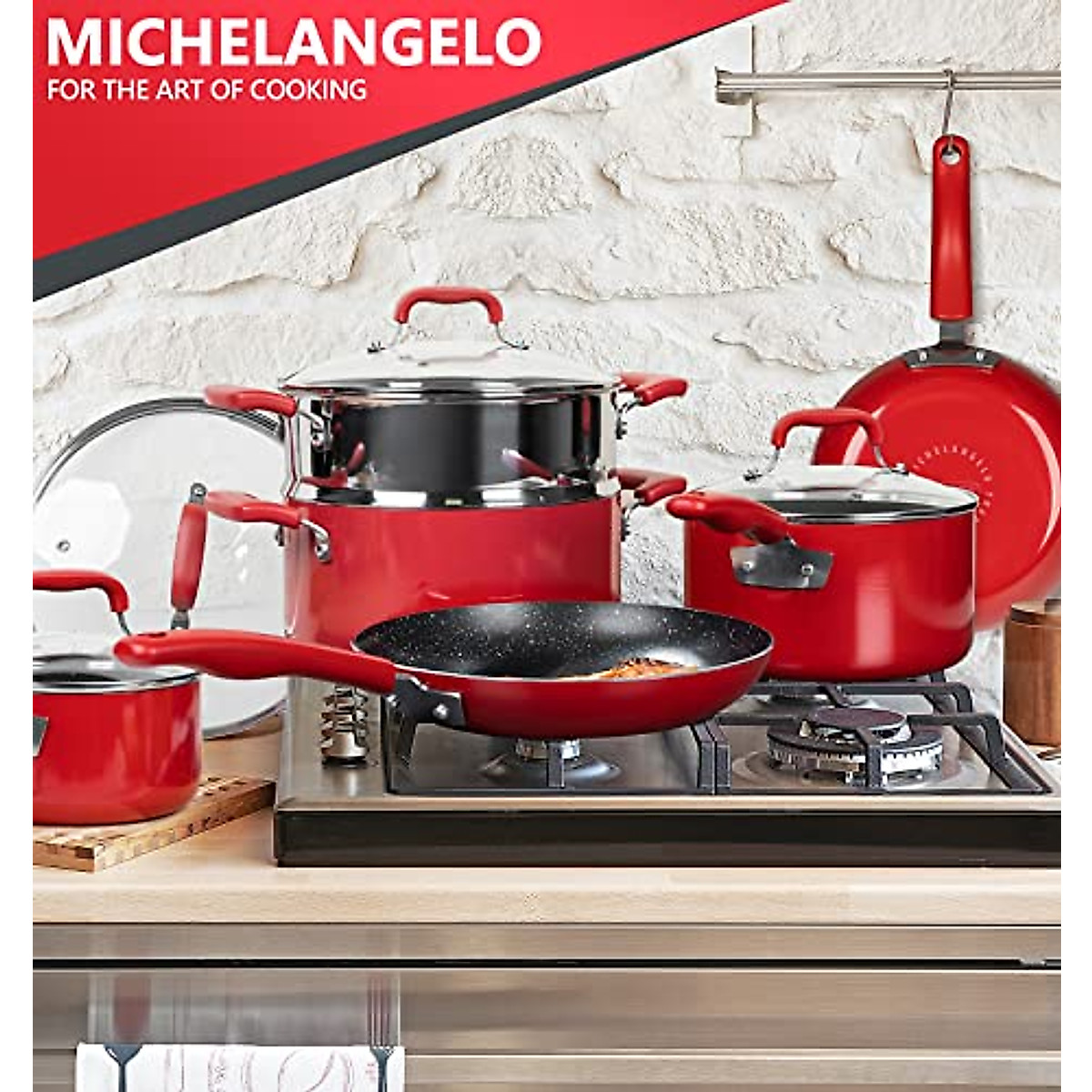 MICHELANGELO Pots and Pans Set Nonstick, 15 Pcs Kitchen Cookware Sets with Porcelain Enamel Exterior and Nonstick Granite-derived Coating, Enamel Cookware Set with 5 Utensils - Red