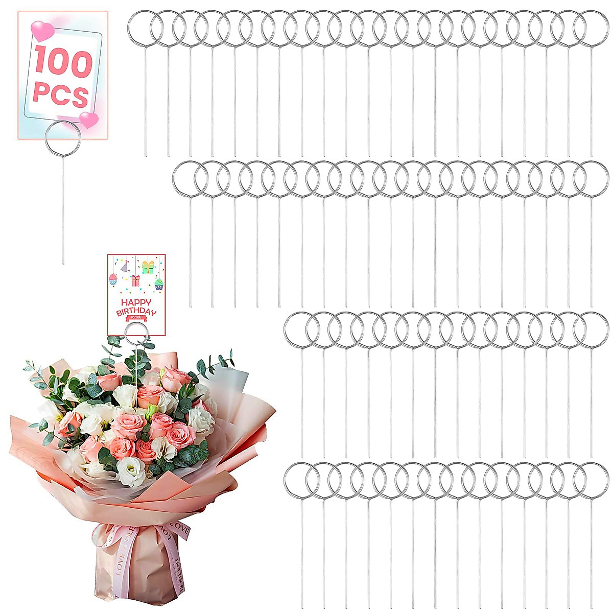 100 Pcs Floral Card Holder Table Number Card Holders, Circle Swirl Round Place Card Holder, Pin Wire Card Holder Picture Holder Centerpieces Cake Photo Memo Note Holders for DIY Party Decoration