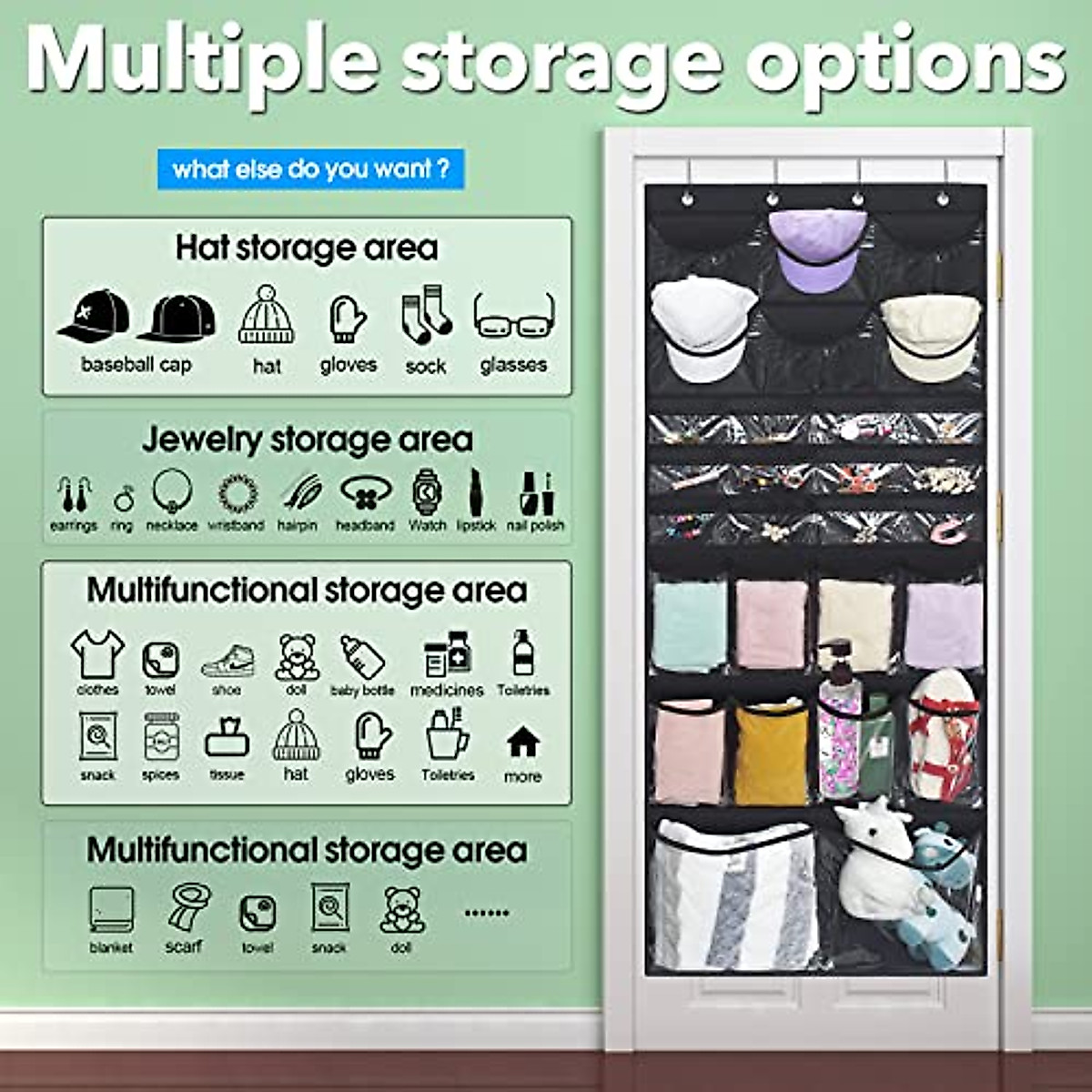 homyfort Door Hat Rack Shoe Organizer for Baseball Caps, Hanging Jewelry Storage Holders with 28 Pockets Multifunctional For Socks,Underwear,Jewelry,Shoes,Hat,Cap (Black)