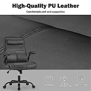 OLIXIS Home Office Desk Chair with Flip-up Armrest and Ergonomic PU Leather Mid Back Lumbar Support 360° Swivel Wheels for Adult, Black