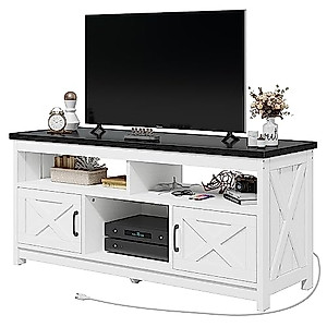 YITAHOME Farmhouse TV Stand for 65 inch with Power Outlet, Mid Century Modern Wood TV Table Media Console with Storage Cabinet and Open Shelves for Living Room, Bedroom, Black/White