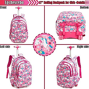 Egchescebo Girls Rolling Backpacks with Wheels 3PCS Unicorn Backpack Set for School Wheeled Luggage Suitcase Lunch Box Pencil Case Large Capacity Bookbag Adjustable Trolley for Elementary Travel Red