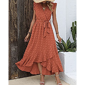 BTFBM Women's 2023 Summer Wrap V Neck Dress Ruffle Sleeve Swiss Dot Boho Ruffle Slit Beach Party Flowy Long Maxi Dresses(Swiss Dot Orange Red, Medium)
