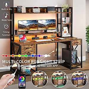 DWVO Computer Desk with Drawers & Hutch, 59.1" Office Desk with Power Outlets & LED Lights, Home Office Desk with Storage Shelves, Rustic Brown