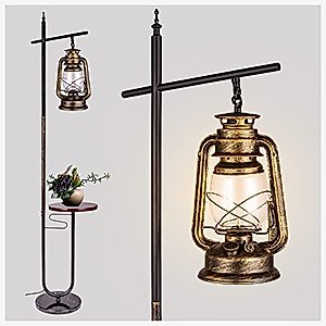 workluurop Vintage Floor Lamp with Table,Classical Lantern Standing Rustic Farmhouse Nightstand Hanging Arc Floor Lamp with Bronze Gold Finish,for Living Room,Bedroom,Reading Room(Bronze)