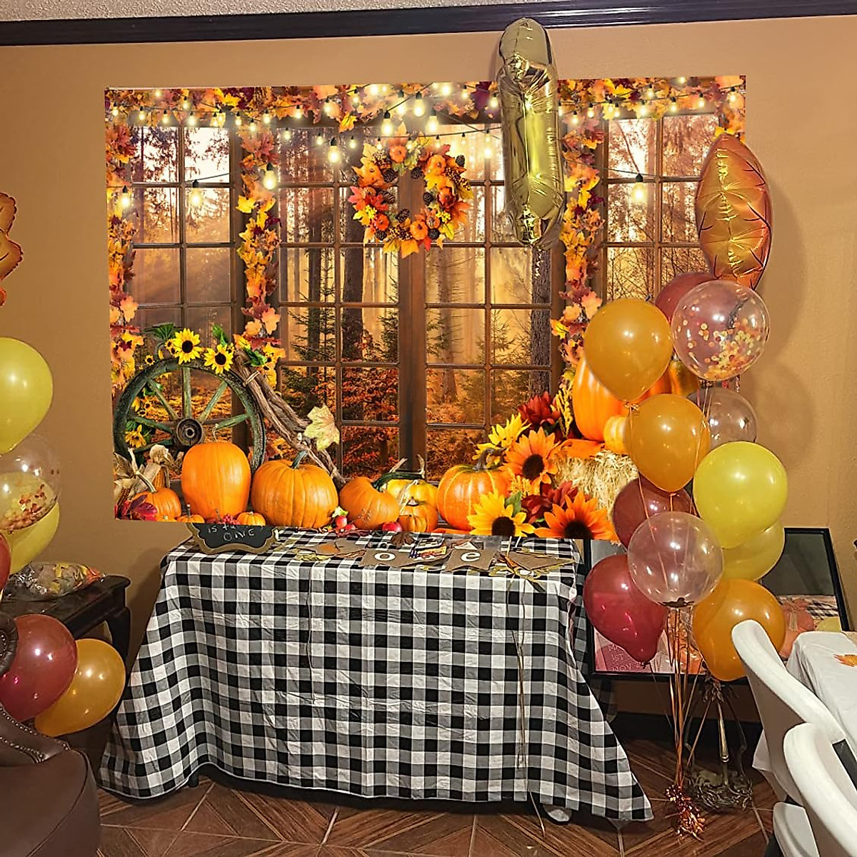 7x5ft Fall Window Photo Backdrop Autumn Forest Scenery Maple Leaves Pumpkin Harvest Photography Background Fall Theme Thanksgiving Day Party Decorations Banner Birthday Baby Shower Decor