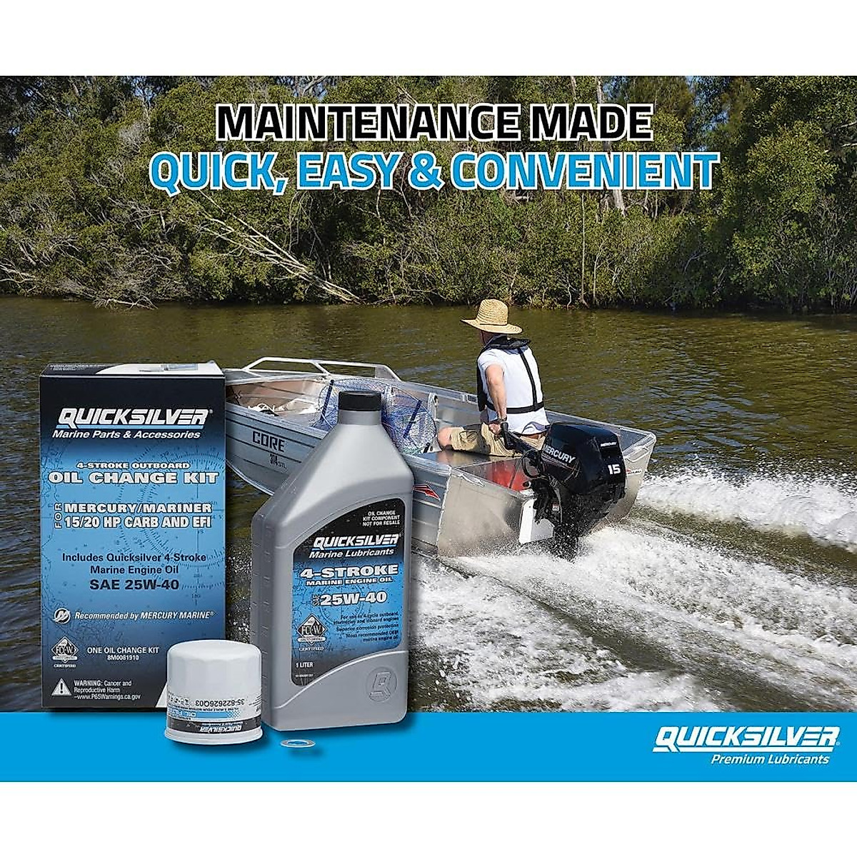 Quicksilver 25W-40 Oil Change Kit for 4-stroke 15hp and 20hp Mercury outboards.