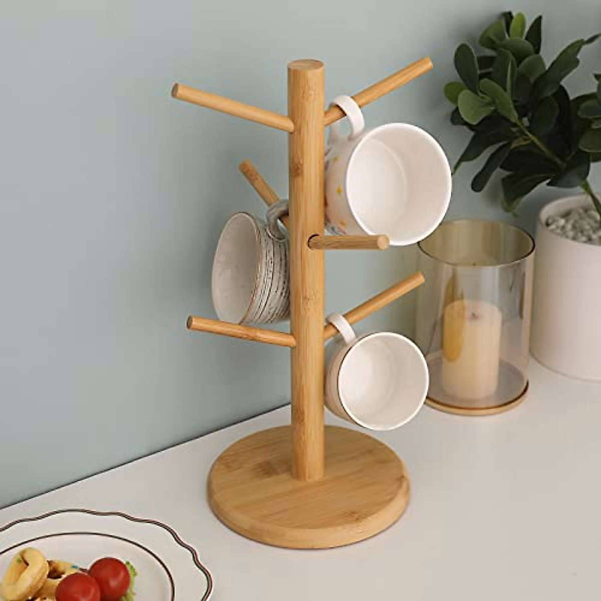 olelo Bamboo Mug Holder Stand,Countertop Coffee Mug Tree with 6 Hooks,Mug Rack & Tea Cup Organizer (Round)
