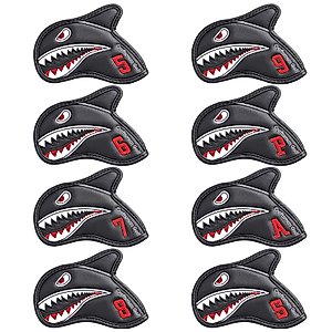 Craftsman Golf Vivid Shark Embroideried with 3D Fin 8pcs (5,6,7,8,9,P,A,S Black Iron Headcover Set with Large Red No.
