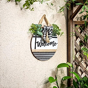 Welcome Sign for Front Door Decor - Walasis Hanging Welcome Signs for All Season Boho Wall Decoration 12inch Wooden Farmhouse Eucalyptus Wreath with Bow Beads for Home