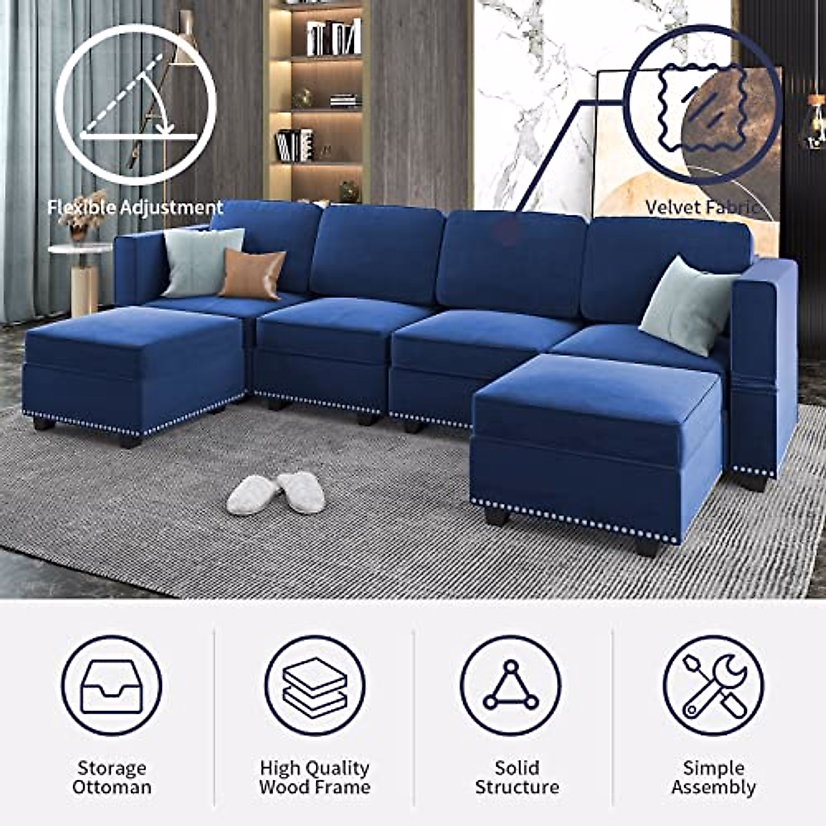 ZAFLY Sectional Sofa, 4 Seat Modular Comfy Couch with 4 Storage Ottomans, Convertible L Shaped U Shaped Couch Queen Sleeper Sofa with Adjustable Backrest Couches for Living Room(Blue)